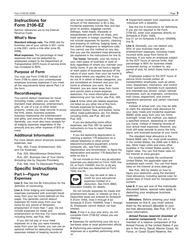 Form 2106EZ-Unreimbursed Employee Business Expenses | PDF | Personal ...