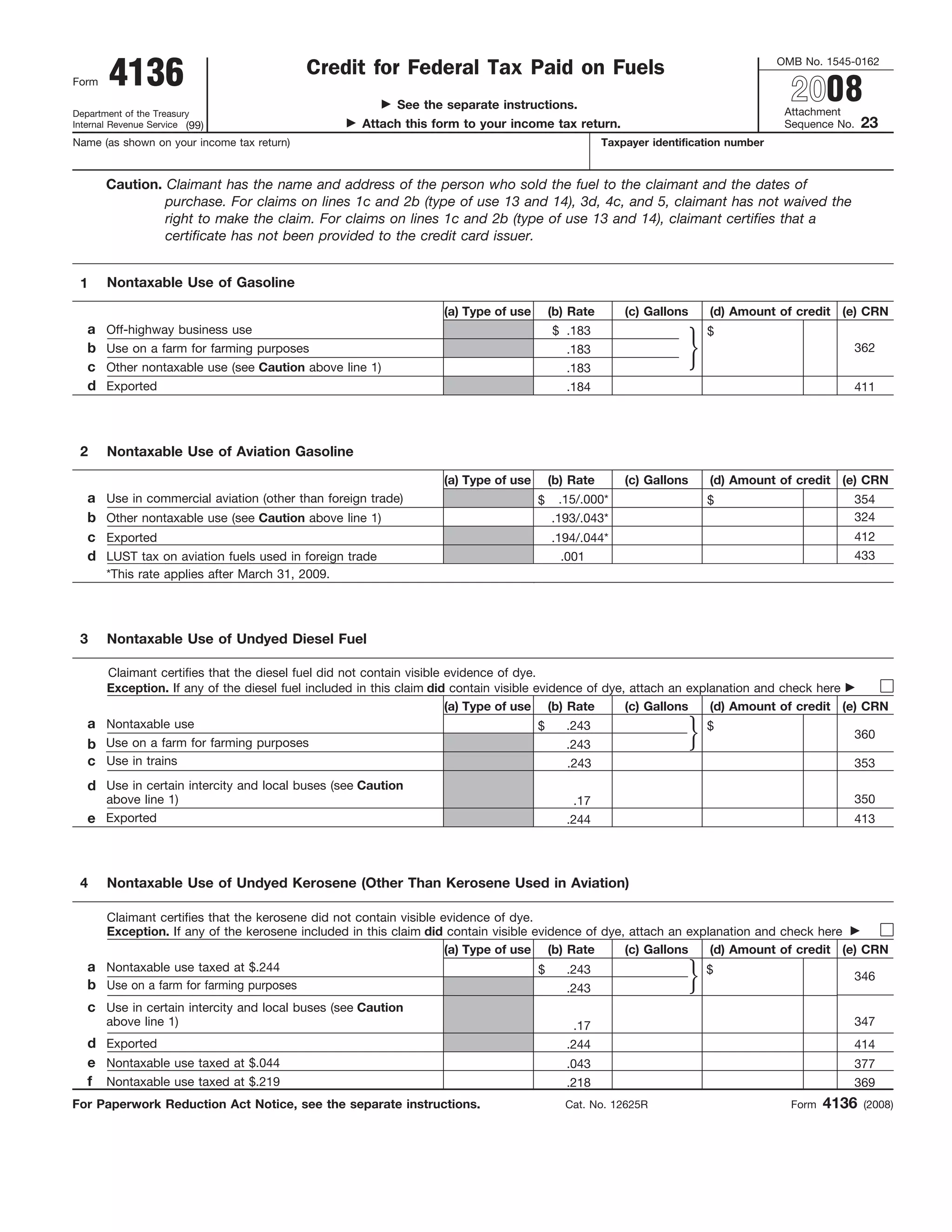 Form 4136-Credit for Federal Tax Paid on Fuel | PDF | Aviation Industry ...