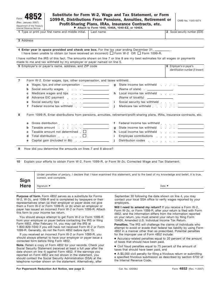 Form 4852 Substitute Form W 2 Or 1099R Form 4852 Substitute Form W 2 Or 1099R