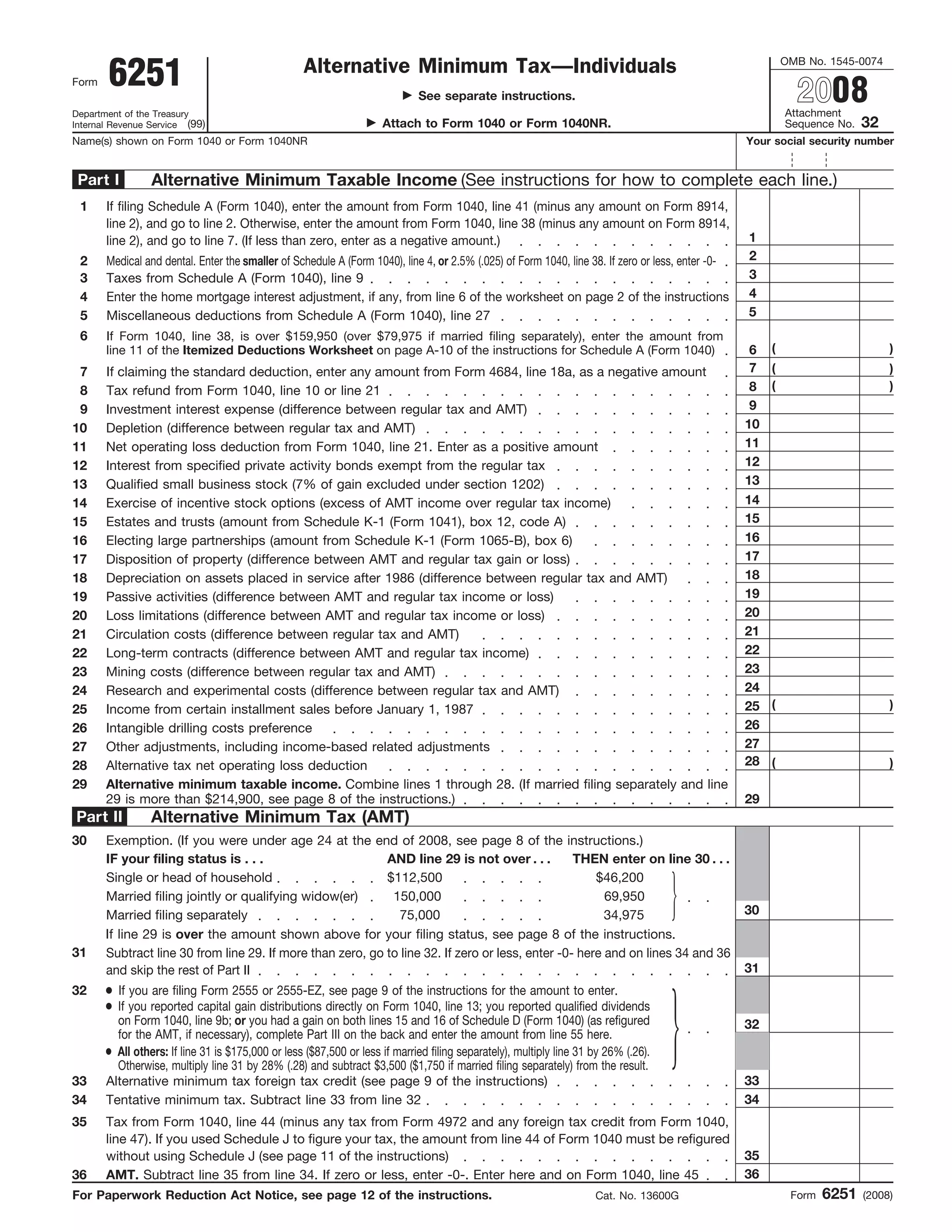 Form 6251-Alternative Minimum Tax | PDF