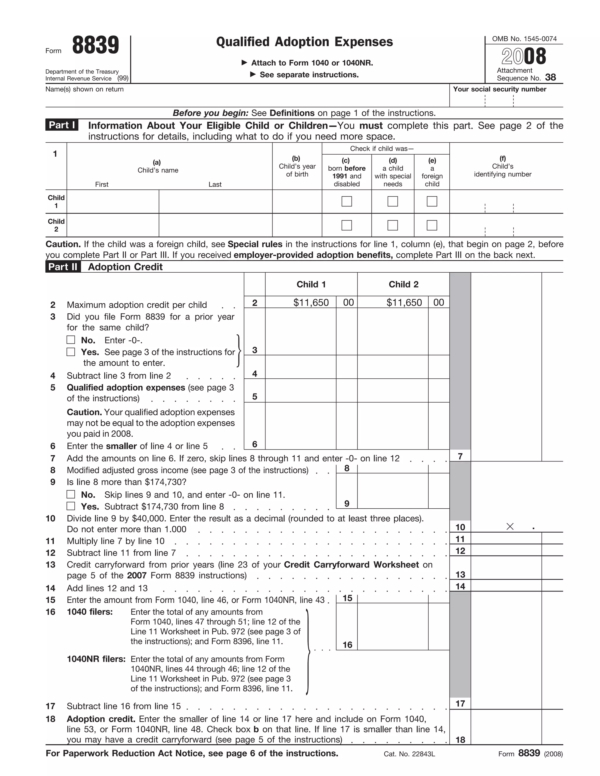 Form 8839-Qualified Adoption Expenses | PDF
