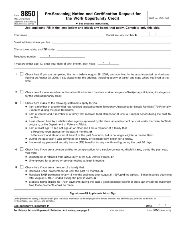 Form 8850-Pre-Screening Notice and Certification Request | PDF ...