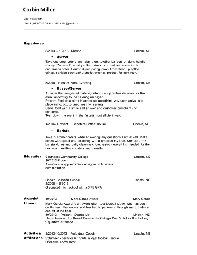 Corbin Resume | DOCX | Food & Drink