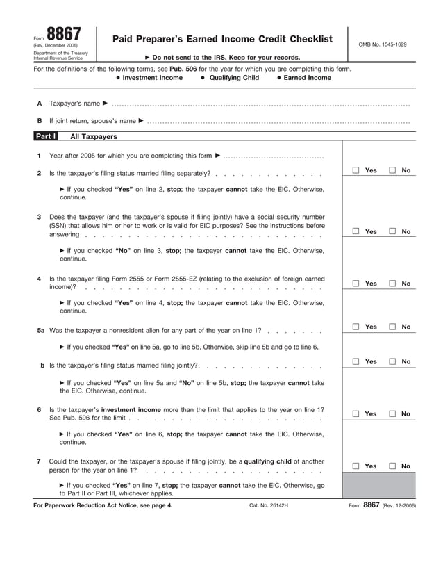 Form 8867*-Paid Preparer's Earned Income Credit Checklist | PDF ...