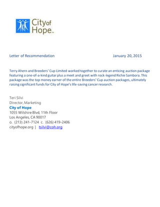 City of Hope Recommendation | DOCX | Business | Business and Finance