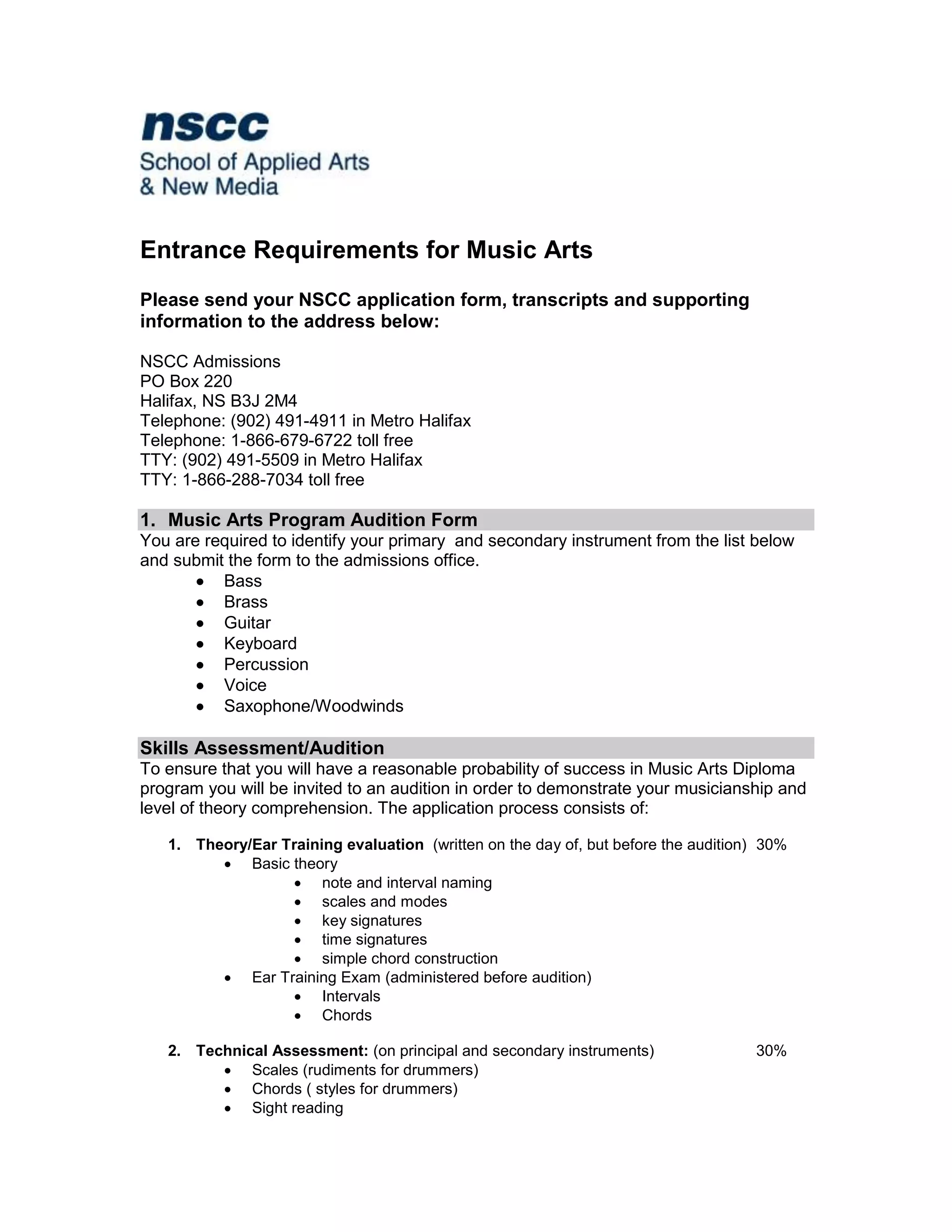 Music Arts Entrance Requirements | PDF