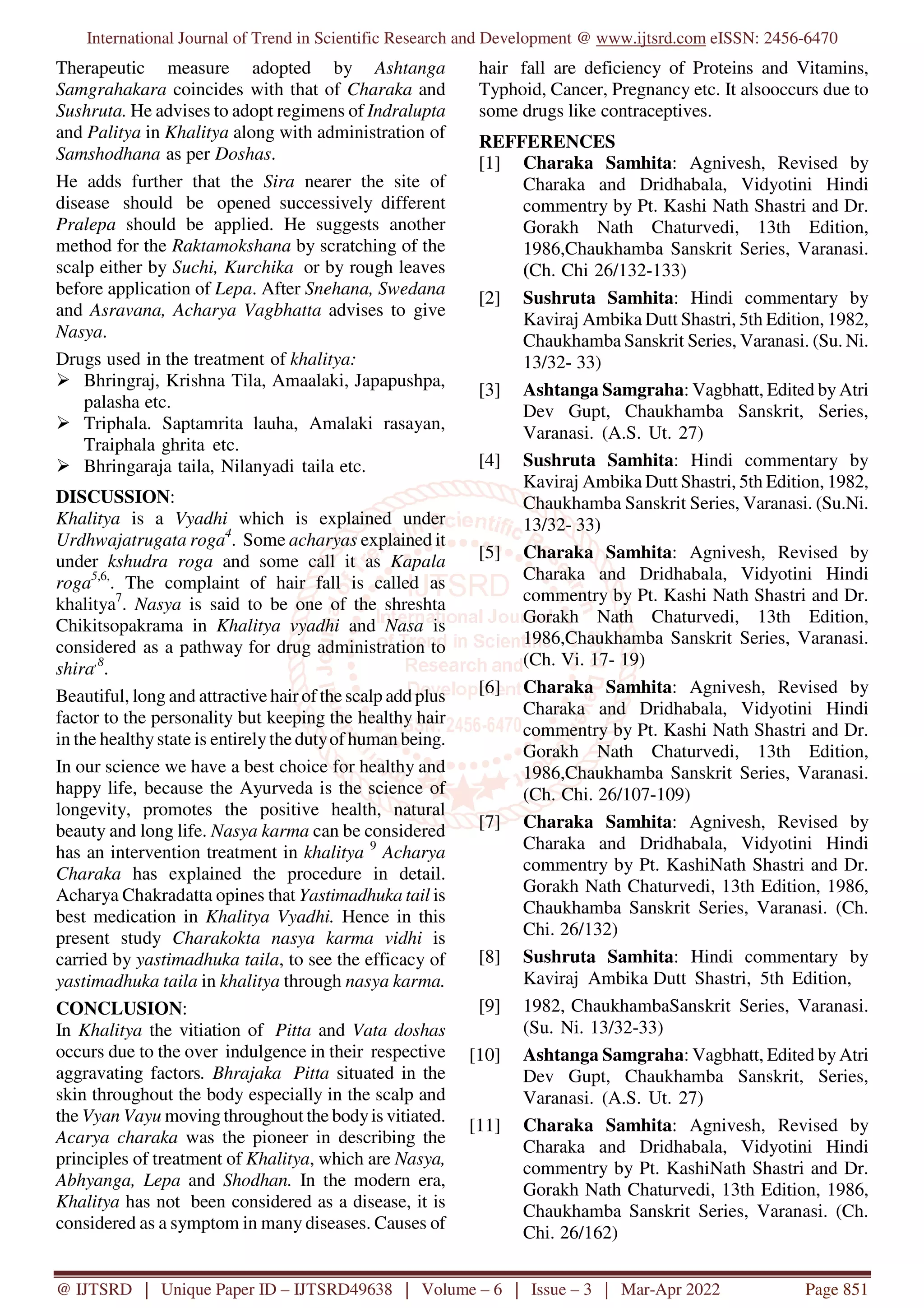 A Review on Nidana and Samprapti of Khalitya According to Bruhatrayi | PDF