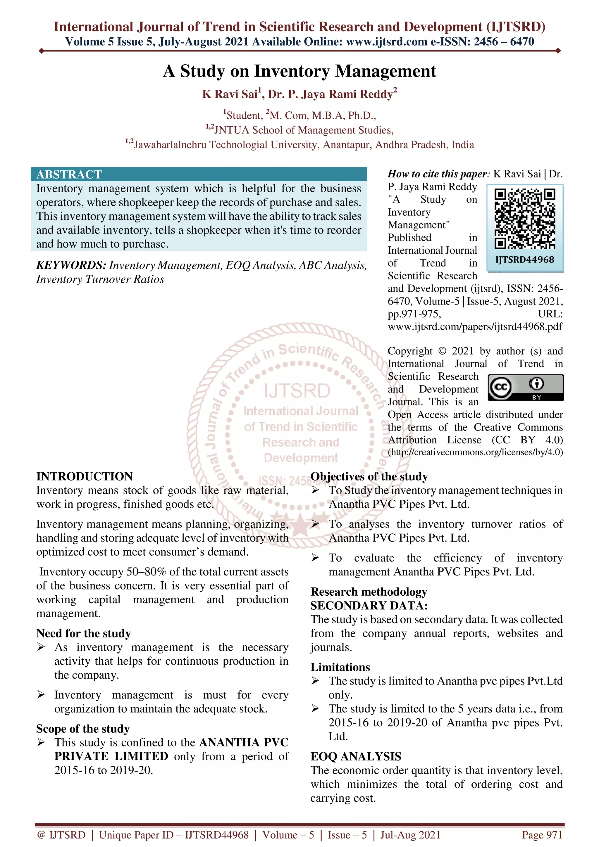 A Study on Inventory Management | PDF