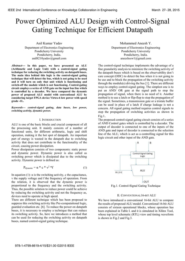 Power Optimized ALU Design with Control-Signal Gating Technique for Efficient Datapath | PDF