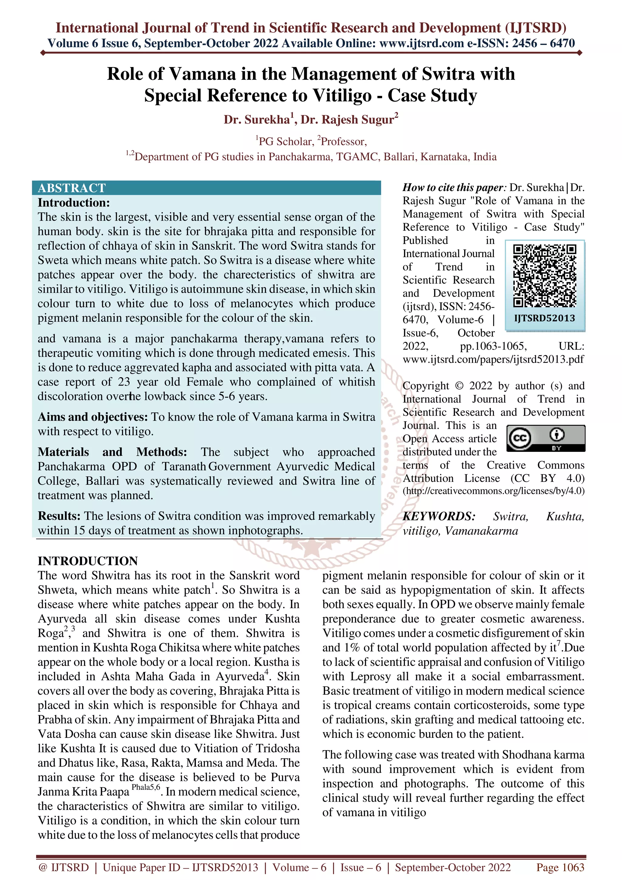 Role of Vamana in the Management of Switra with Special Reference to ...
