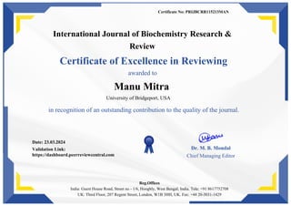 128. Reviewer Certificate International Journal of Biochemistry | PDF