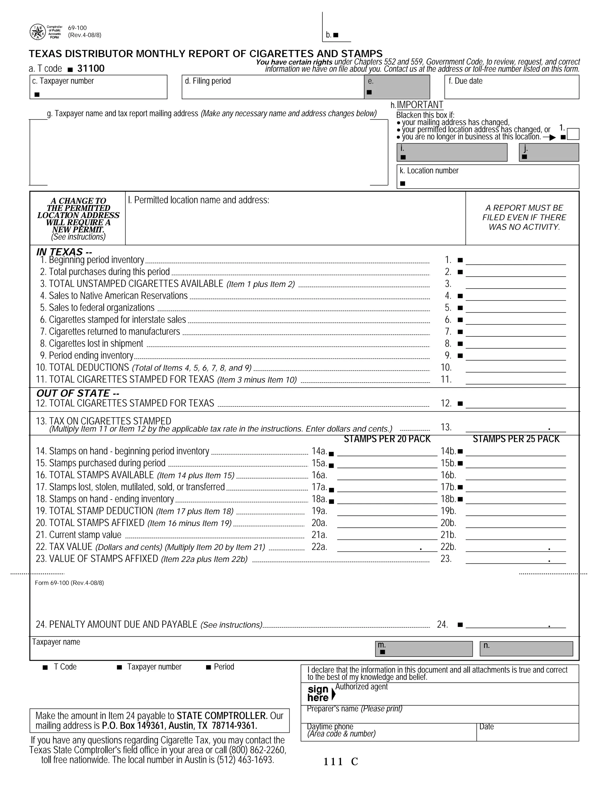 Texas Cigarette, Cigar and Tobacco Products Report Forms | PDF ...