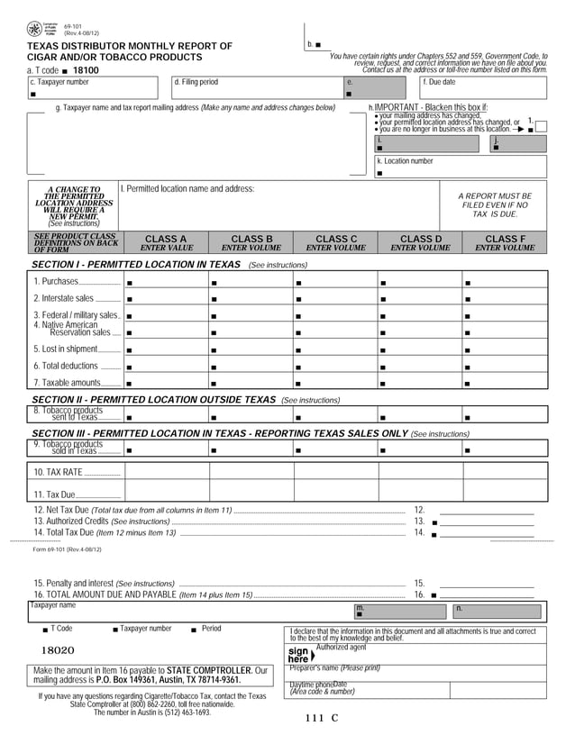 Texas Cigarette, Cigar and Tobacco Products Report Forms | PDF