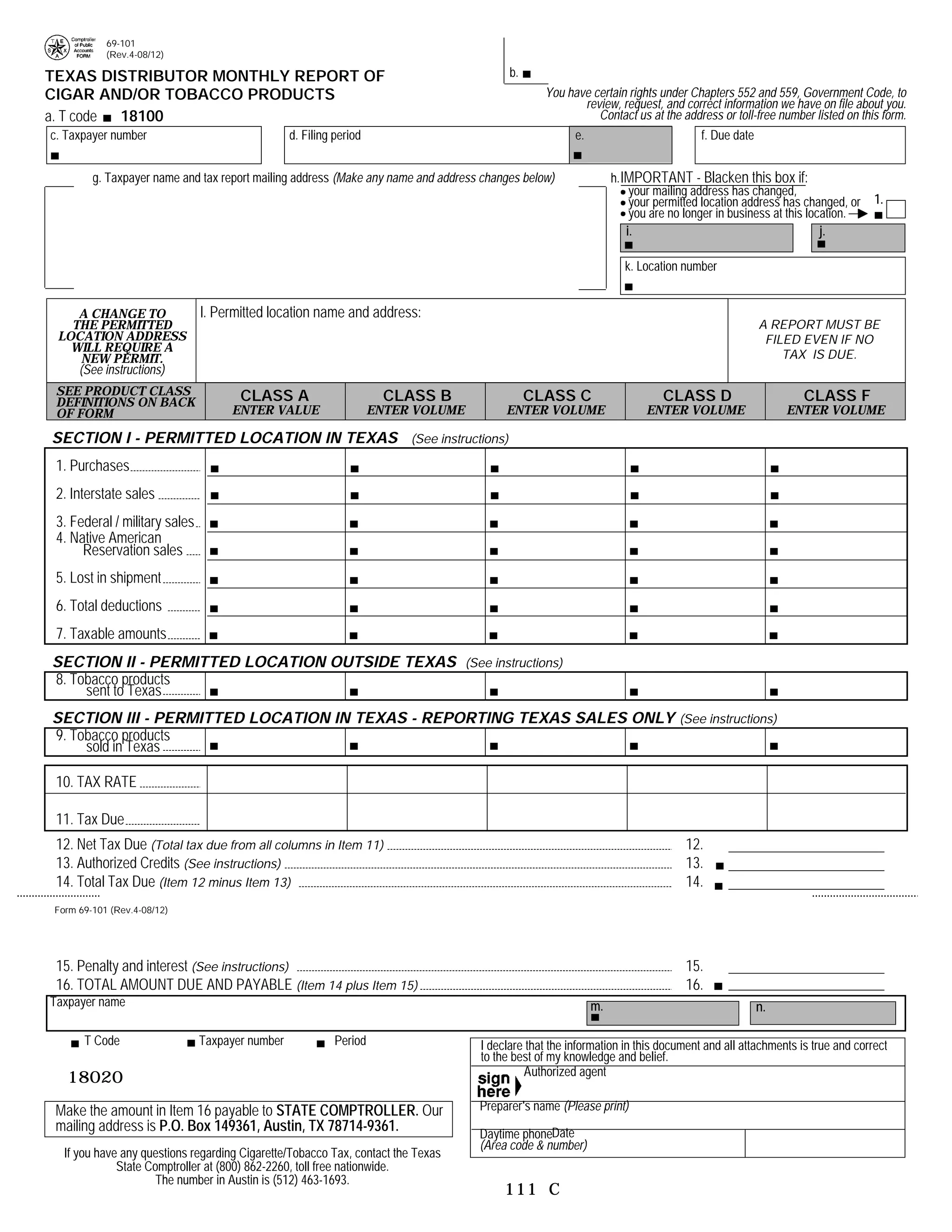 Texas Cigarette, Cigar and Tobacco Products Report Forms-69-101 Texas ...