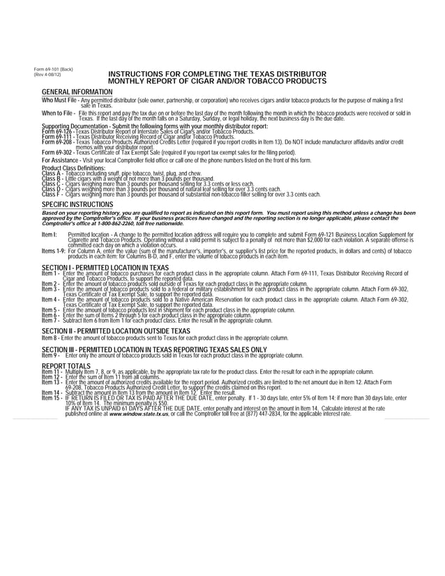 Texas Cigarette, Cigar and Tobacco Products Report Forms-69-101 Texas ...