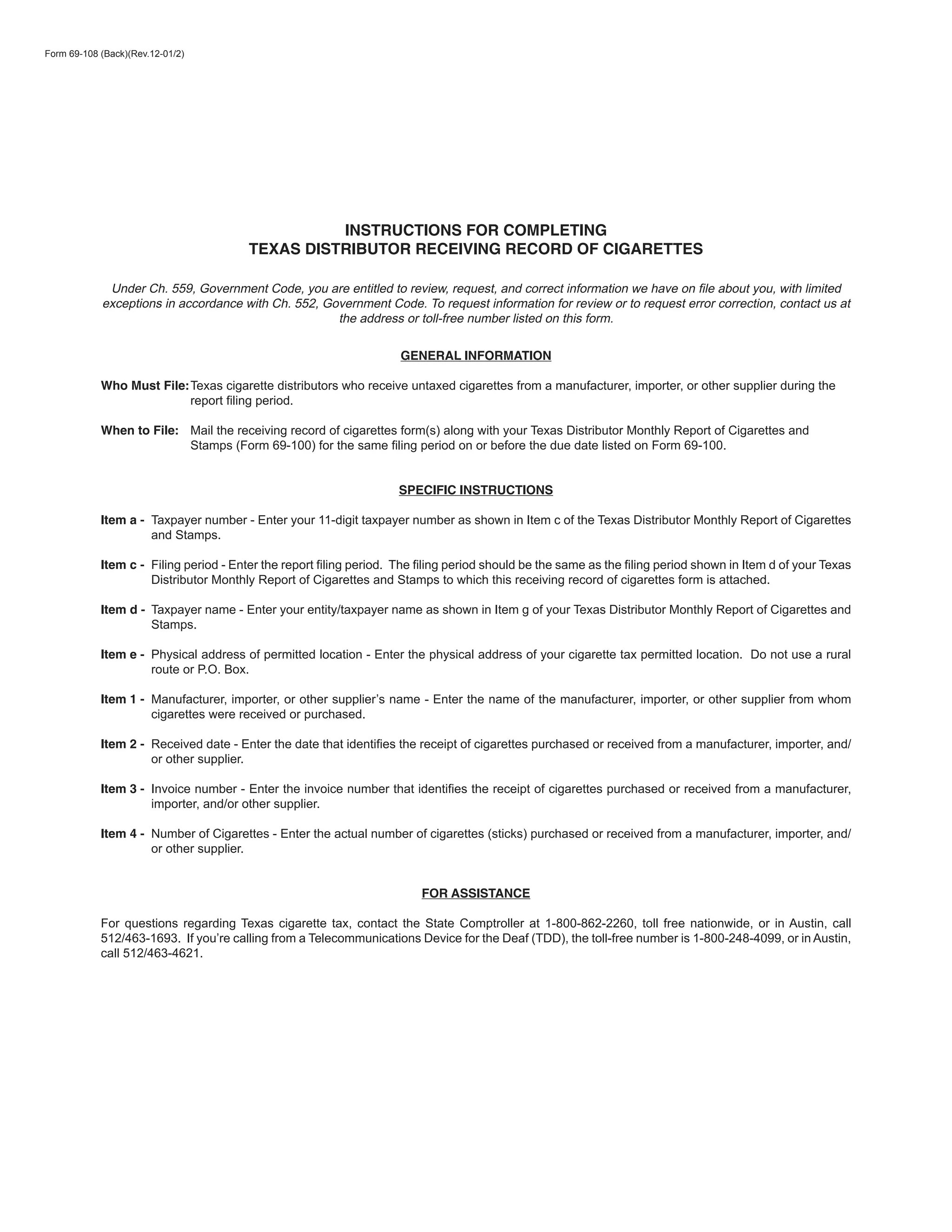 Texas Cigarette, Cigar and Tobacco Products Report Forms-69-108 ...