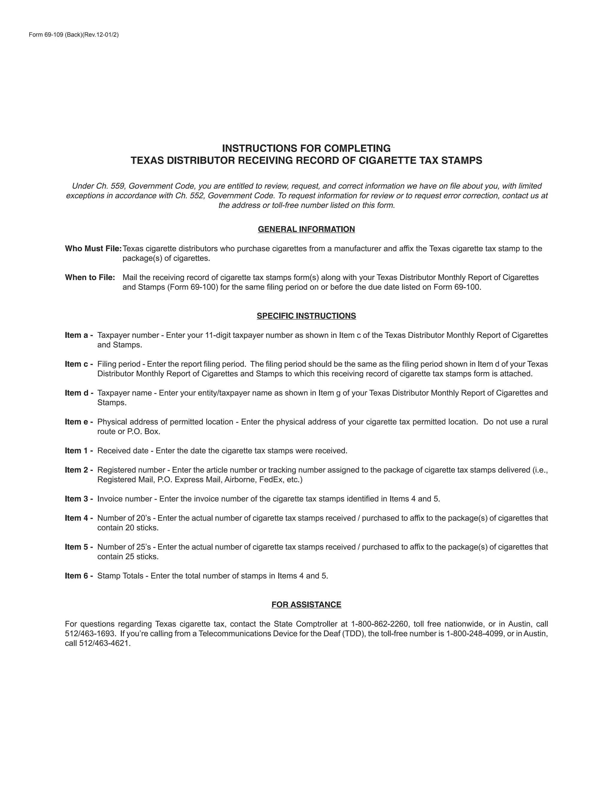 Texas Cigarette, Cigar and Tobacco Products Report Forms-69-109 ...