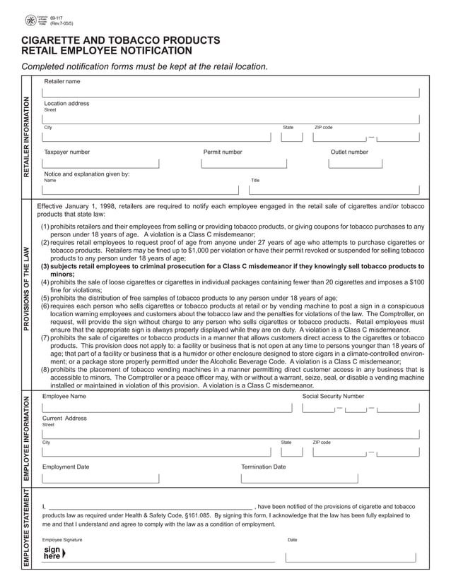 Texas Cigarette, Cigar and Tobacco Products Report Forms-69-117 ...
