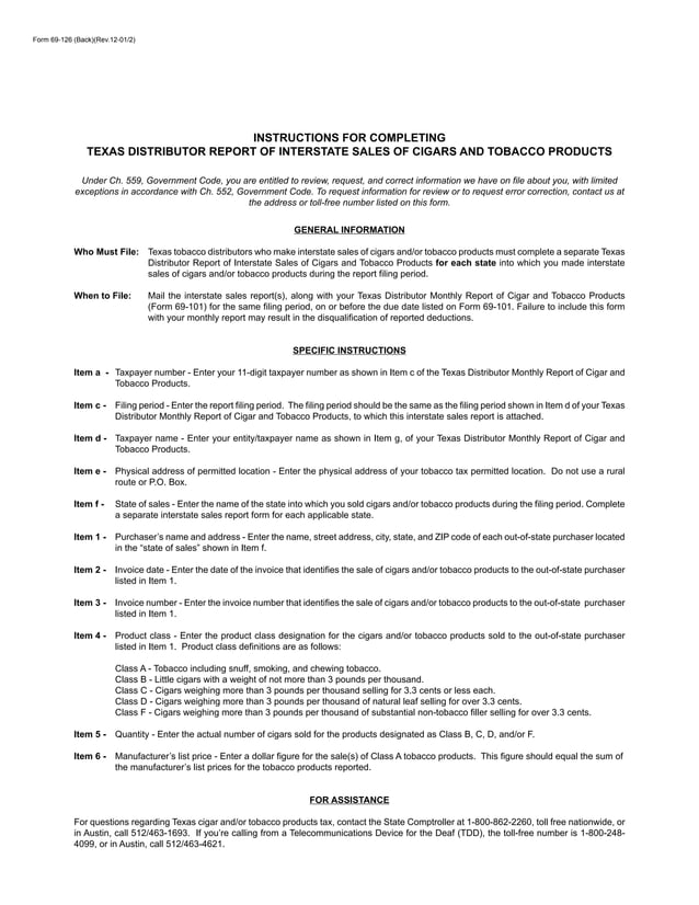 Texas Cigarette, Cigar and Tobacco Products Report Forms-69-126 ...