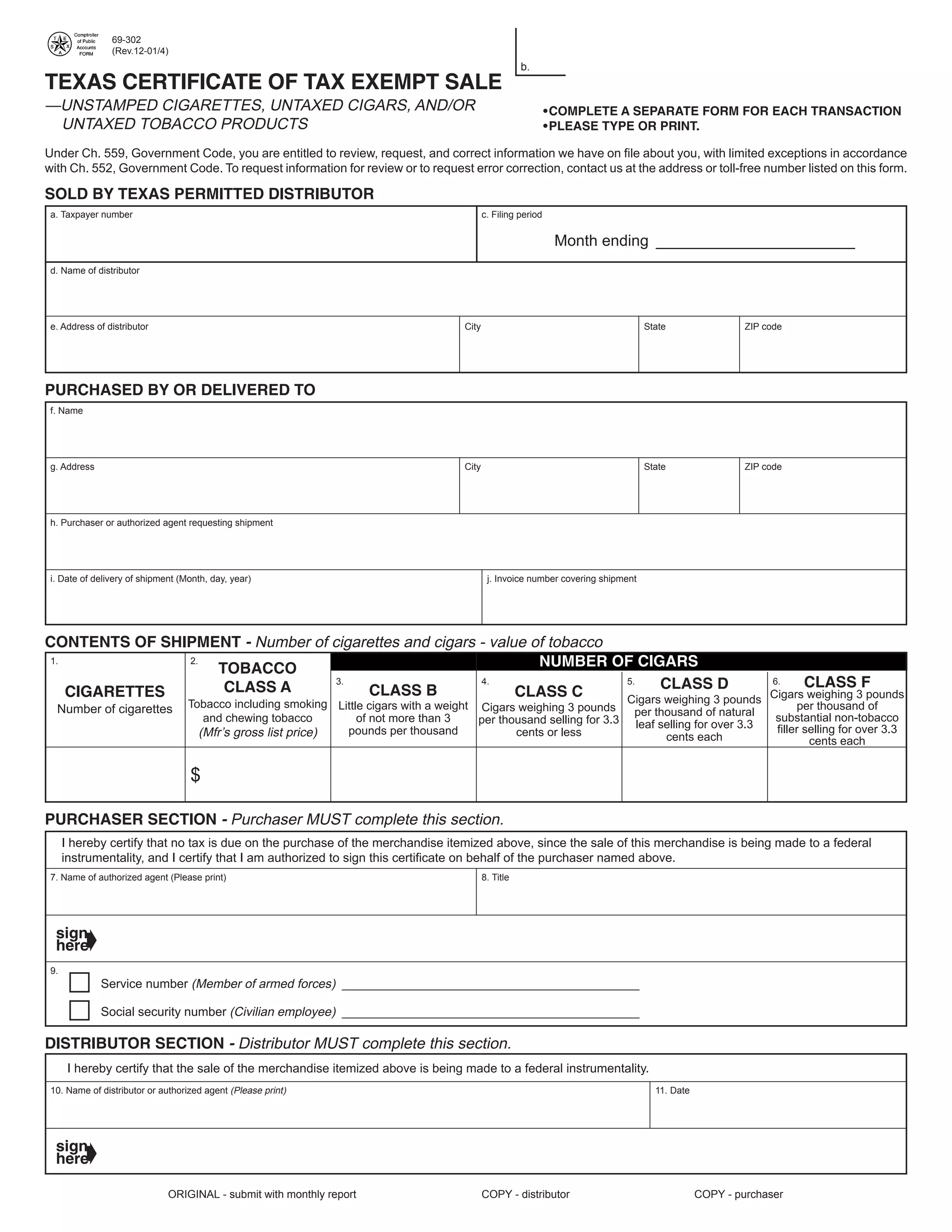 Texas Cigarette, Cigar and Tobacco Products Report Forms-69-302 ...