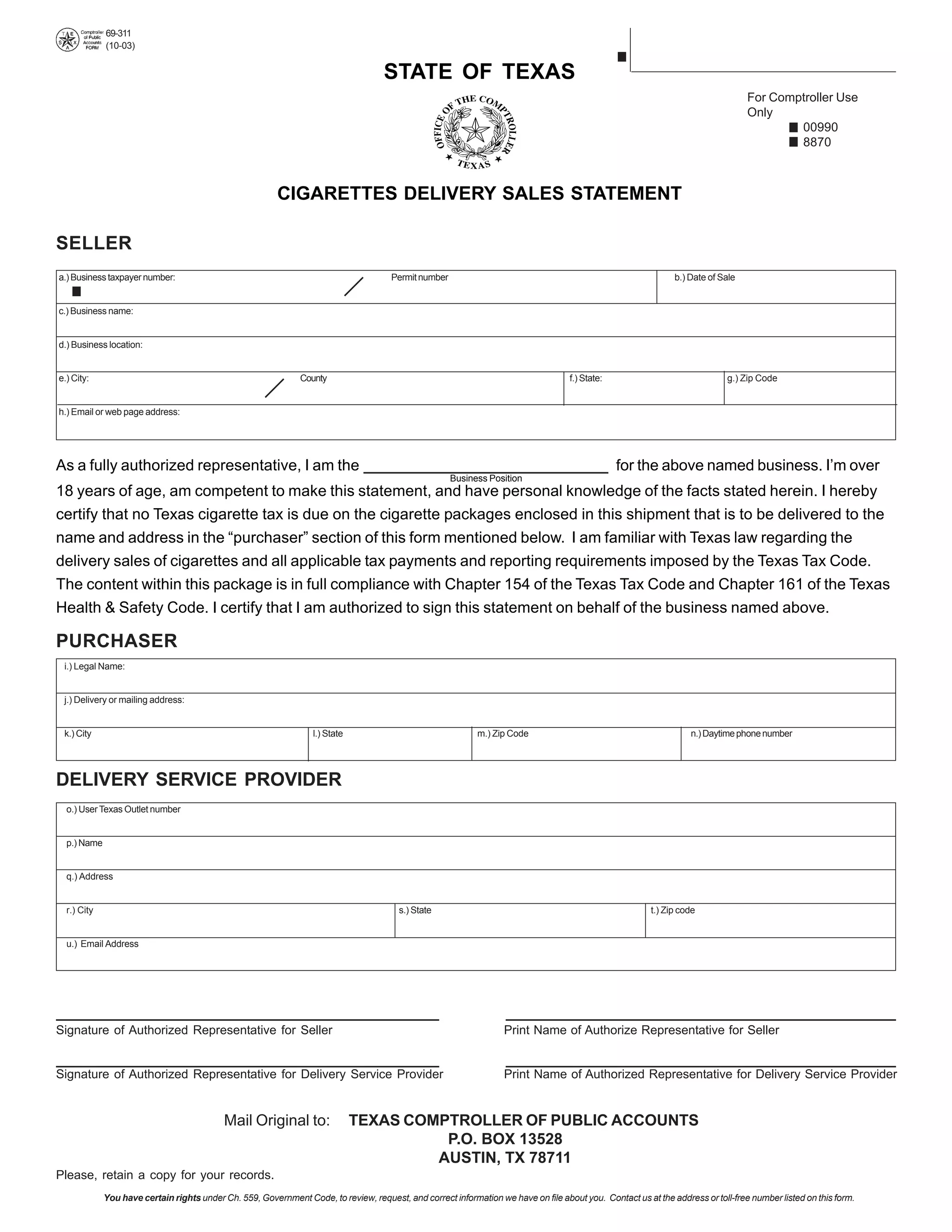 Texas Cigarette, Cigar and Tobacco Products Report Forms-69-311 ...