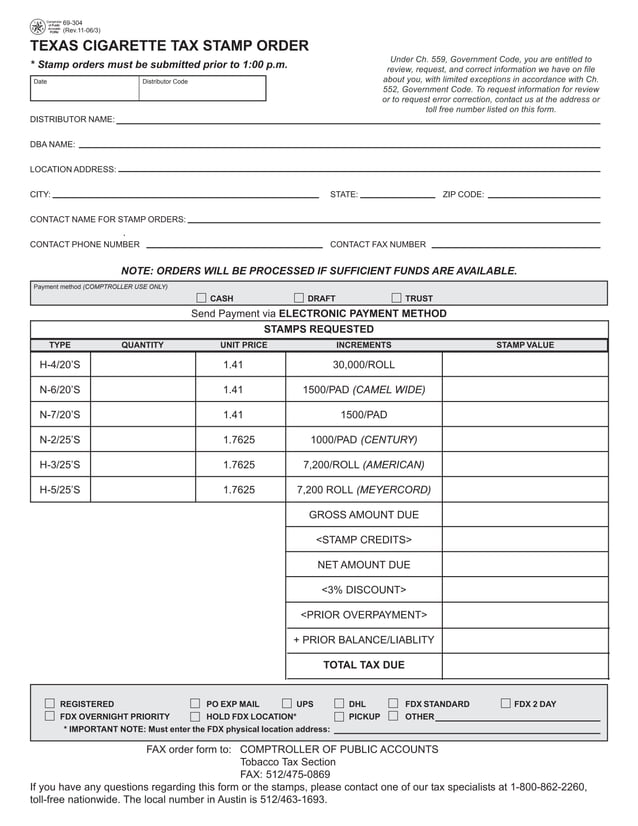 Texas Cigarette, Cigar and Tobacco Products Report Forms-69-304 Texas ...