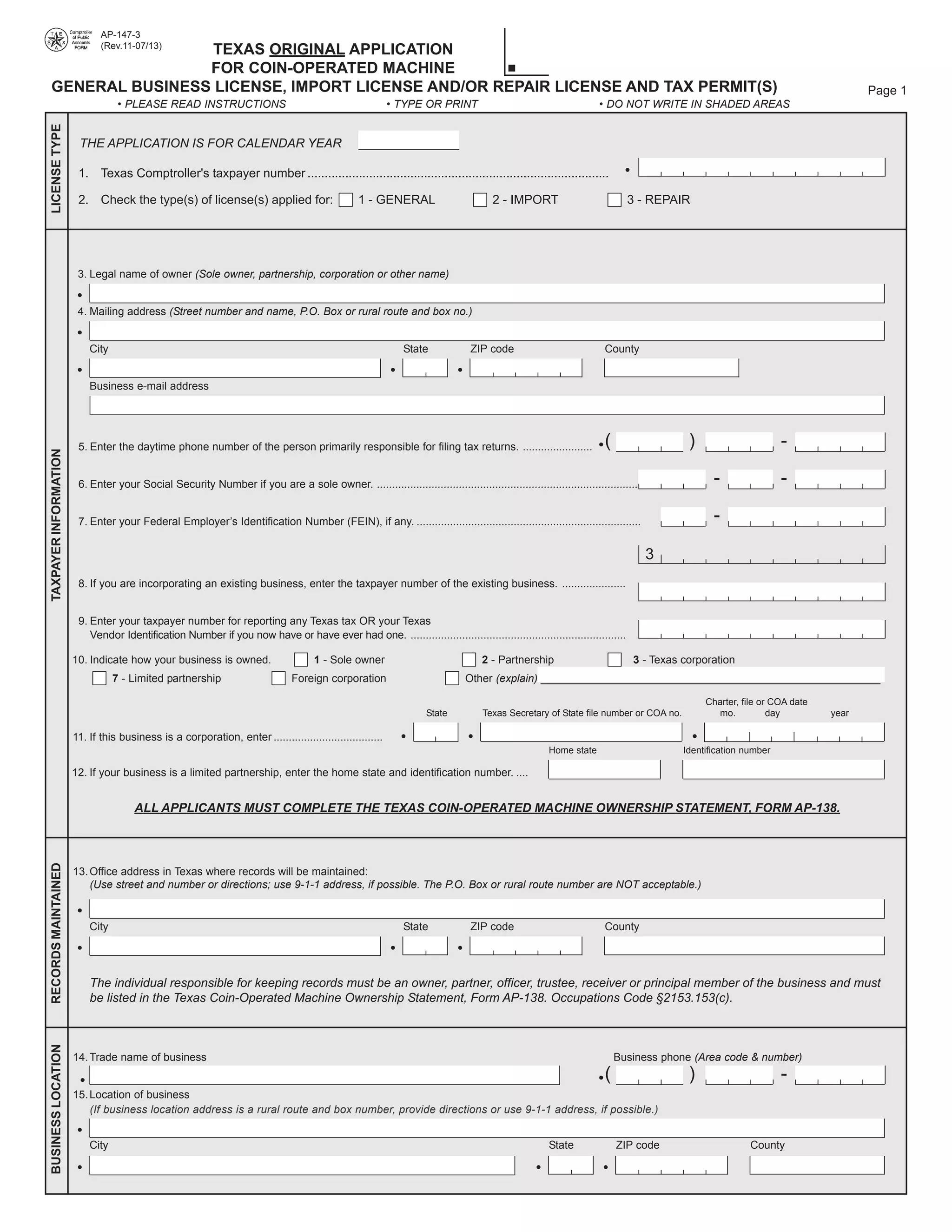 Texas Coin-Operated Machine Forms-AP-147 Texas Original Application for ...