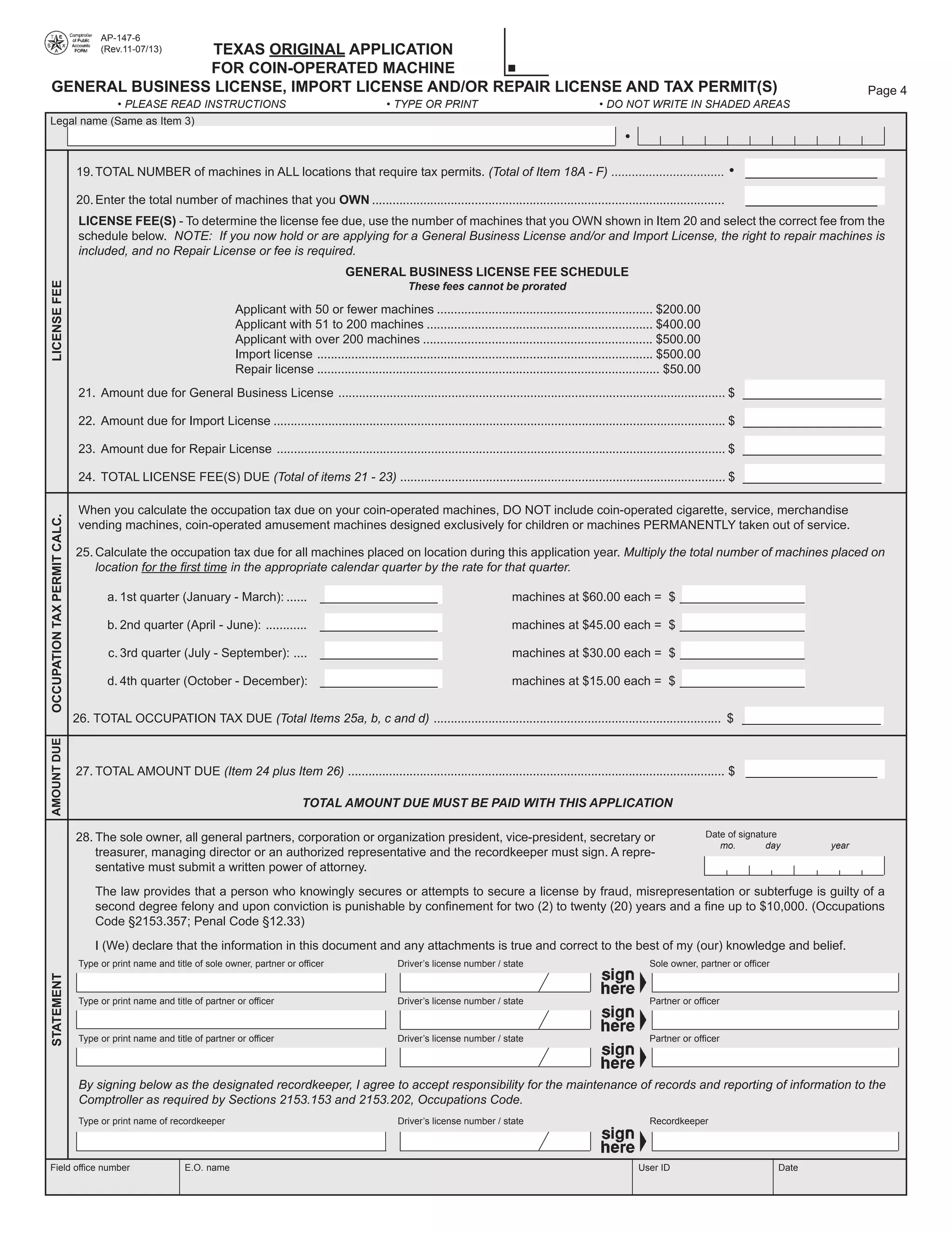 Texas Coin-Operated Machine Forms-AP-147 Texas Original Application for ...