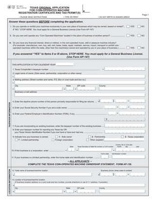 "Texas Coin-Operated Machine Forms-AP-146 Texas Original Application