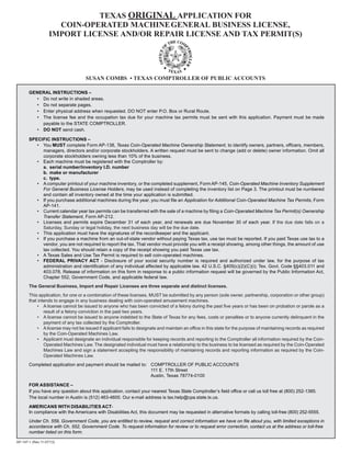 Texas Coin-Operated Machine Forms-AP-147 Texas Original Application for ...
