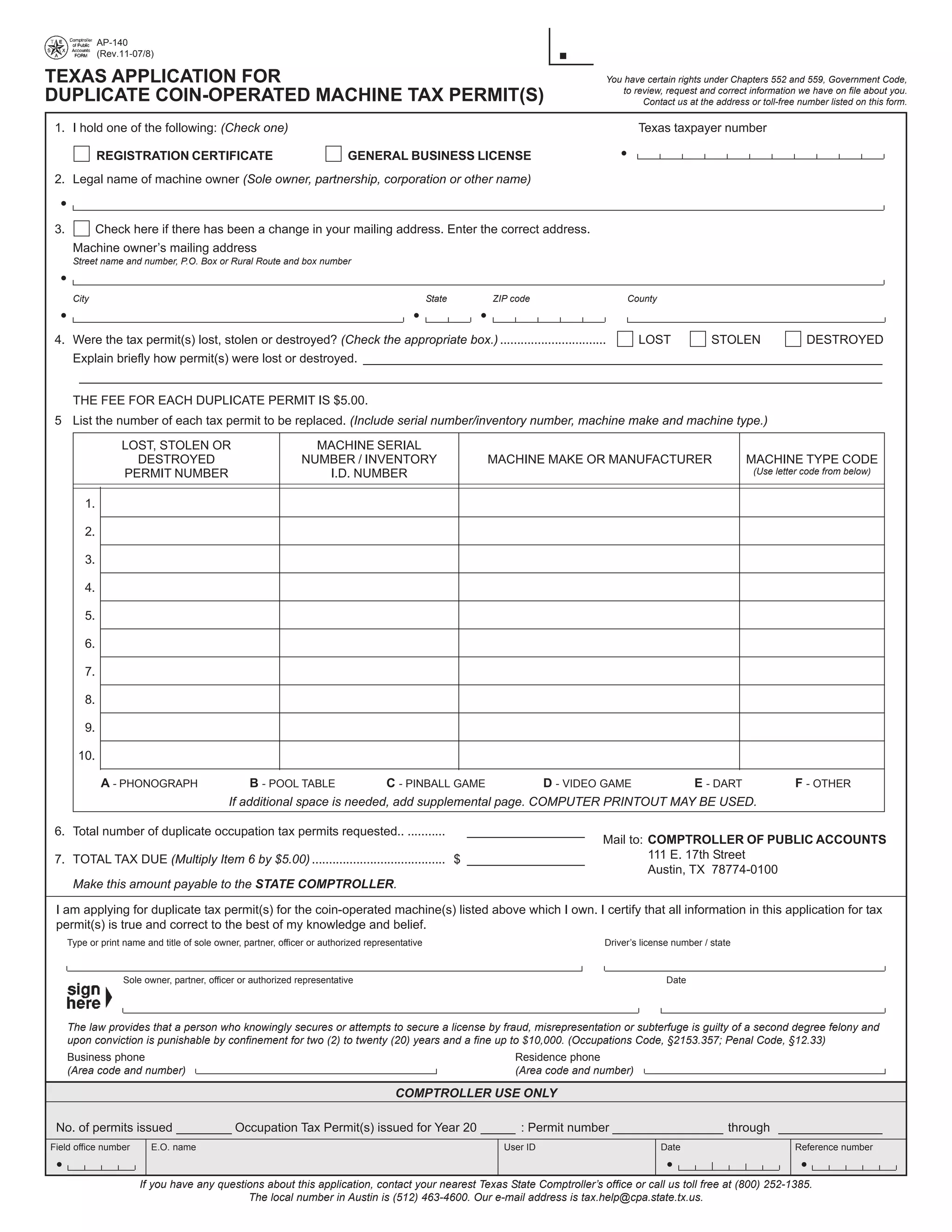 Texas Coin-Operated Machine Forms-AP-140 Texas Application for ...