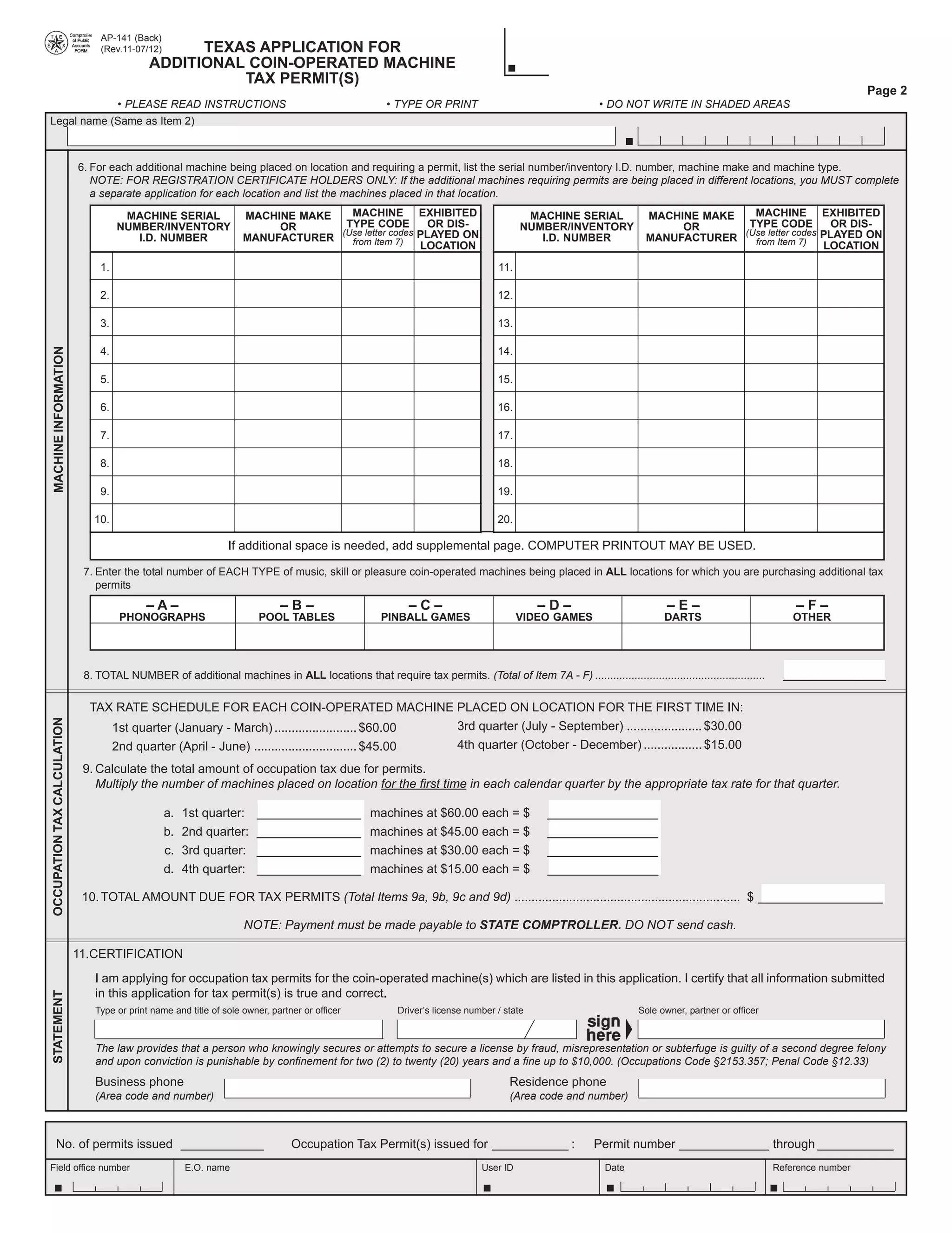 "Texas Coin-Operated Machine Forms-AP-141 Texas Application for ...
