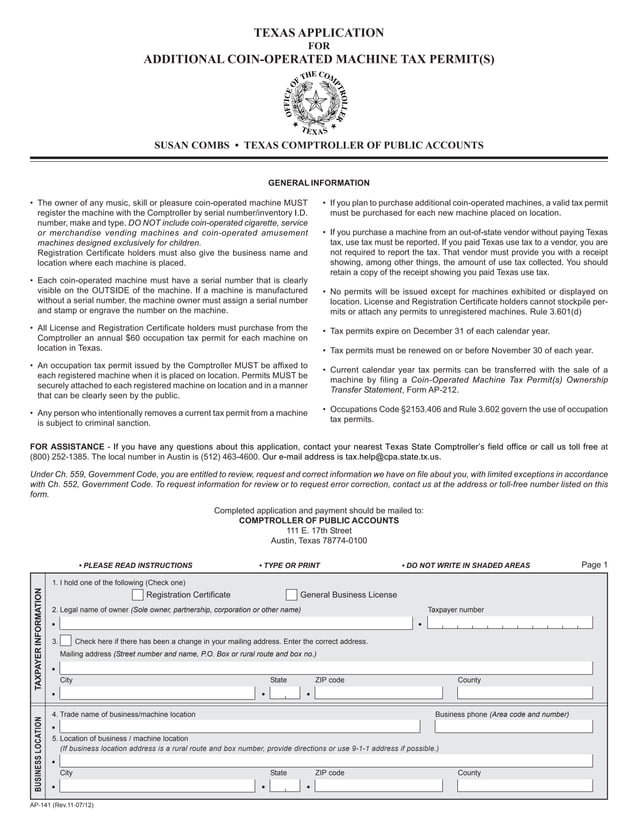 "Texas Coin-Operated Machine Forms-AP-141 Texas Application for ...
