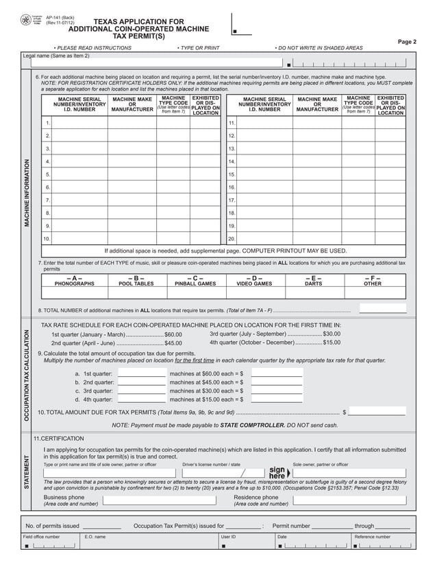 "Texas Coin-Operated Machine Forms-AP-141 Texas Application for ...
