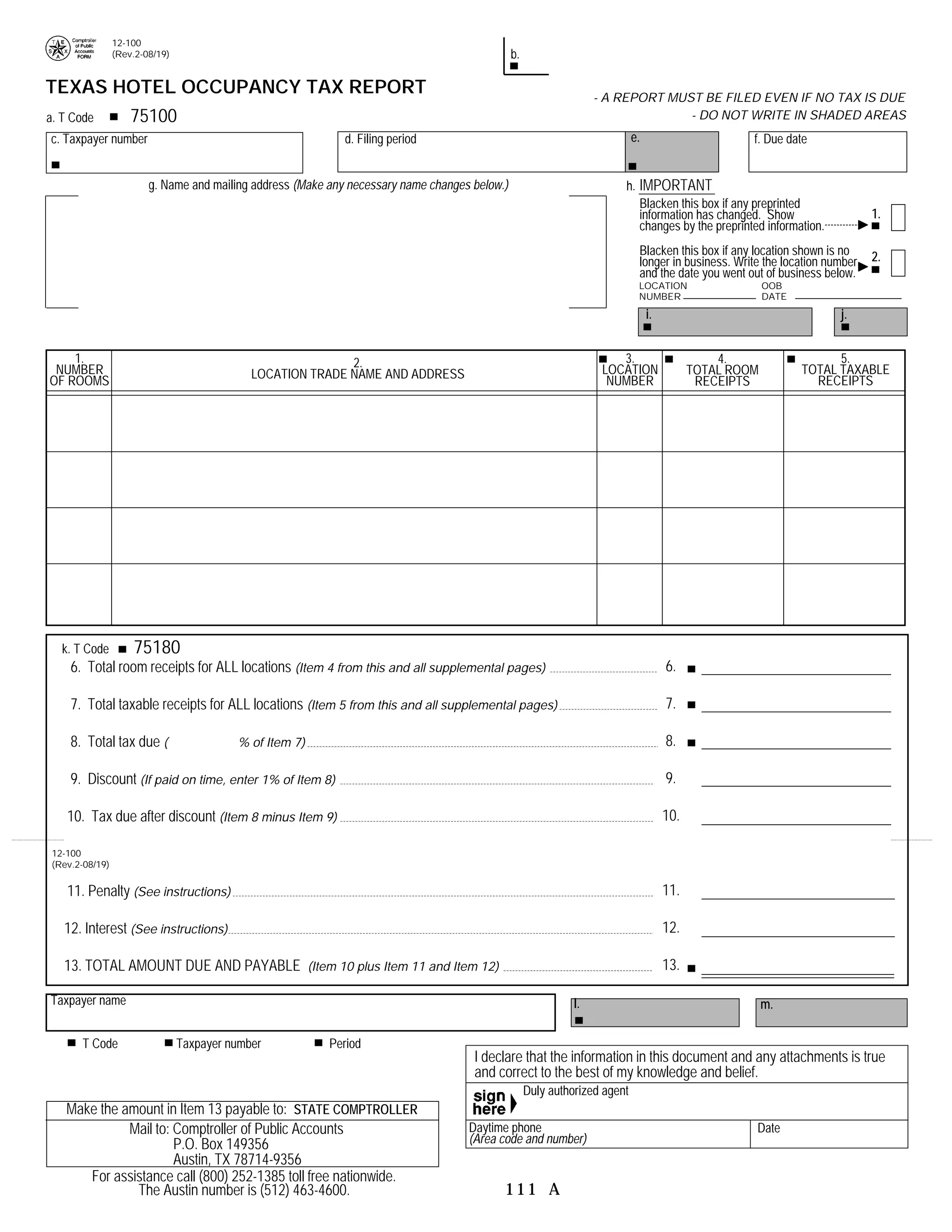 Texas Hotel Occupancy Tax Forms-12-100 Hotel Occupancy Tax Report | PDF