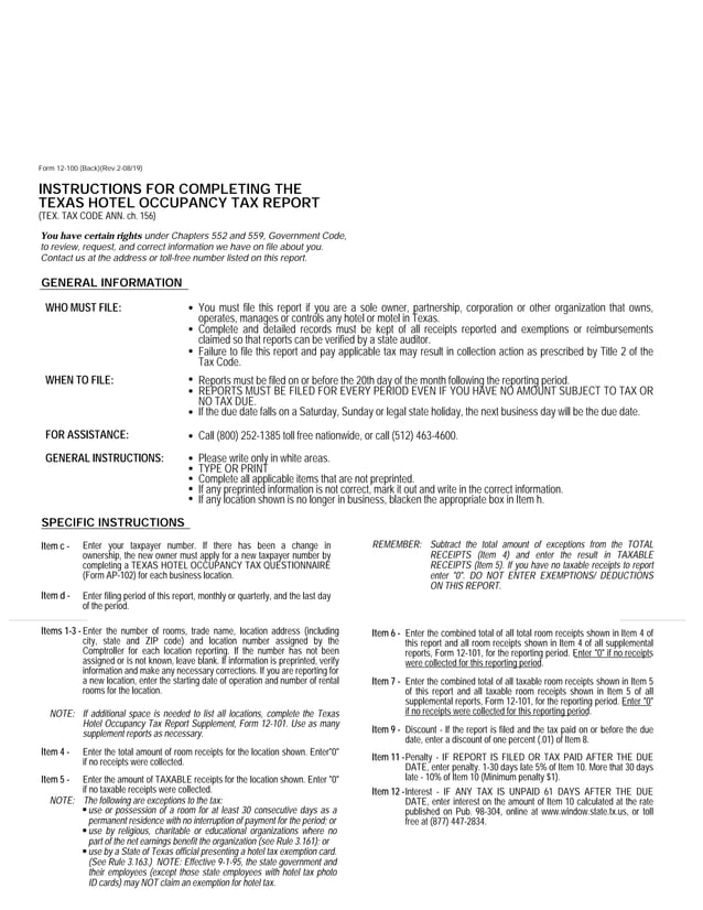 Texas Hotel Occupancy Tax Forms-12-100 Hotel Occupancy Tax Report | PDF
