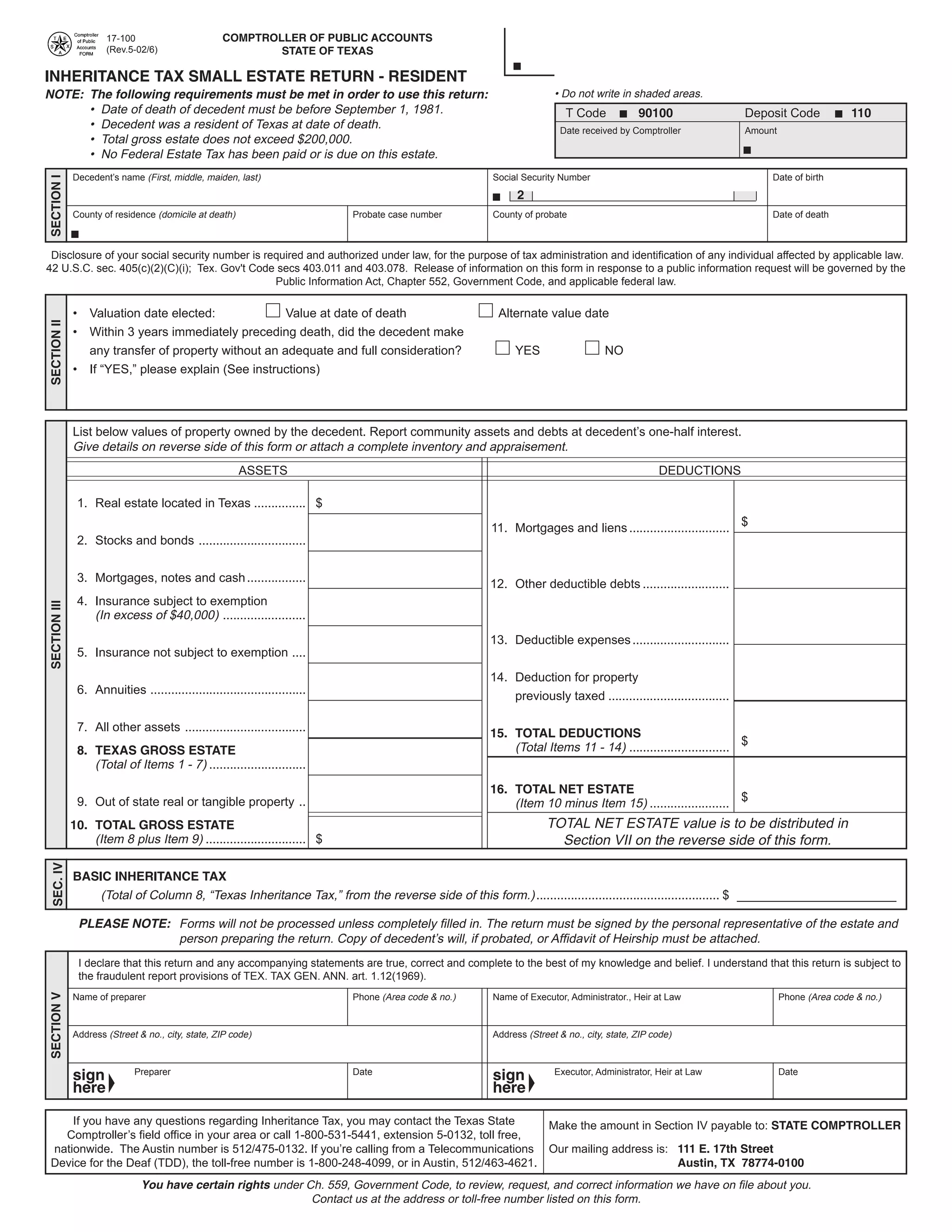 Texas Inheritance Tax Forms-17-100 Small Estate Return - Resident | PDF ...