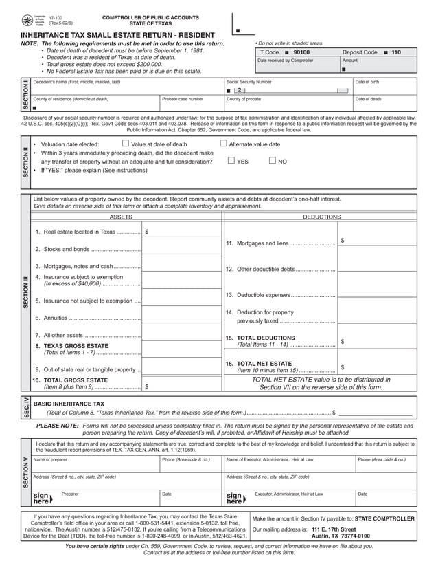 Texas Inheritance Tax Forms-17-100 Small Estate Return - Resident | PDF ...