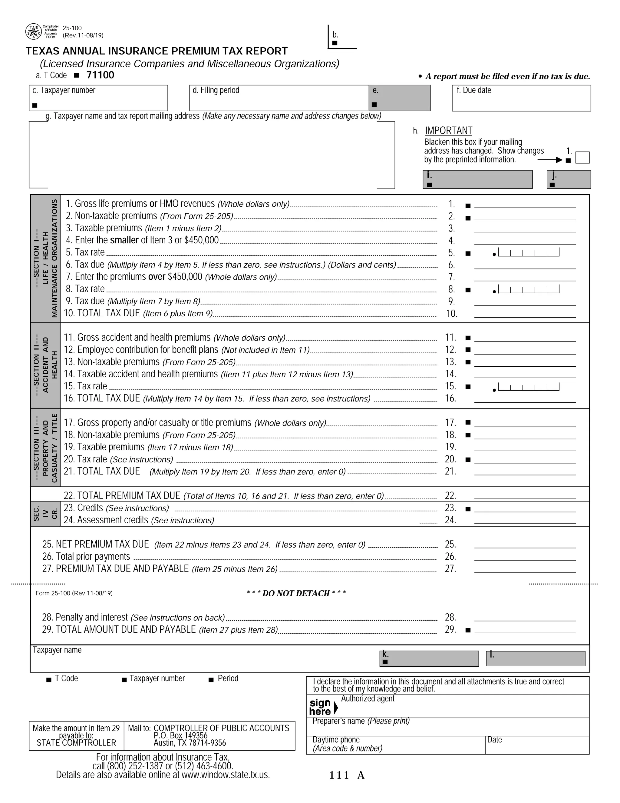 Texas Insurance Tax Forms-25-100 Annual Insurance Premium Tax Report | PDF