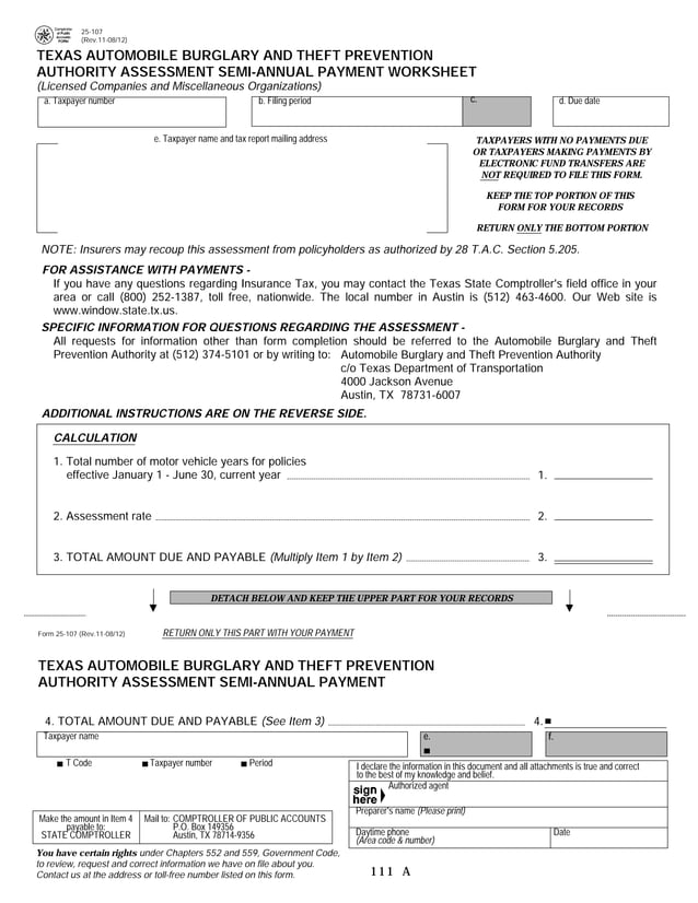 Texas Insurance Tax Forms-25-107 Automobile Burglary and Theft ...