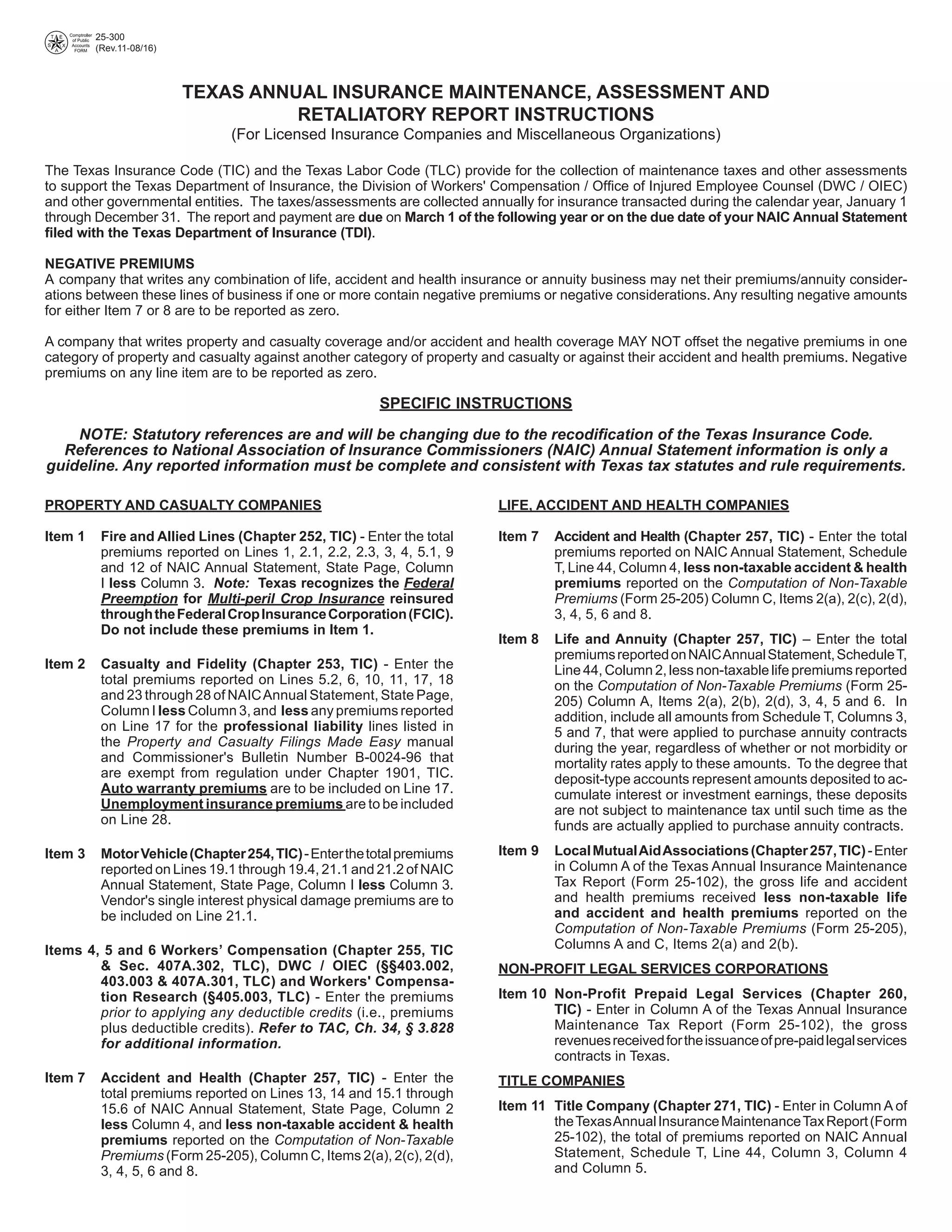Texas Insurance Tax Forms-25-300 Annual Insurance Maintenance ...