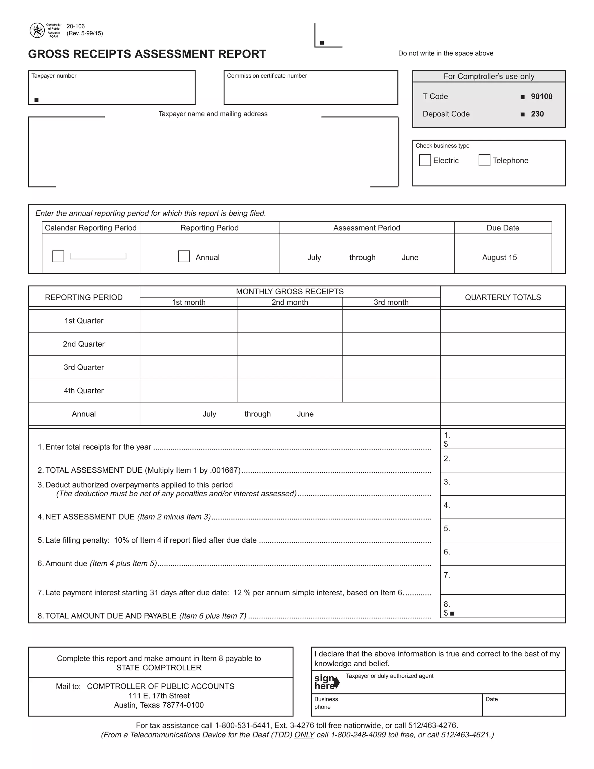 Miscellaneous Texas Tax Forms-20-106 Texas Gross Receipts Assessment ...