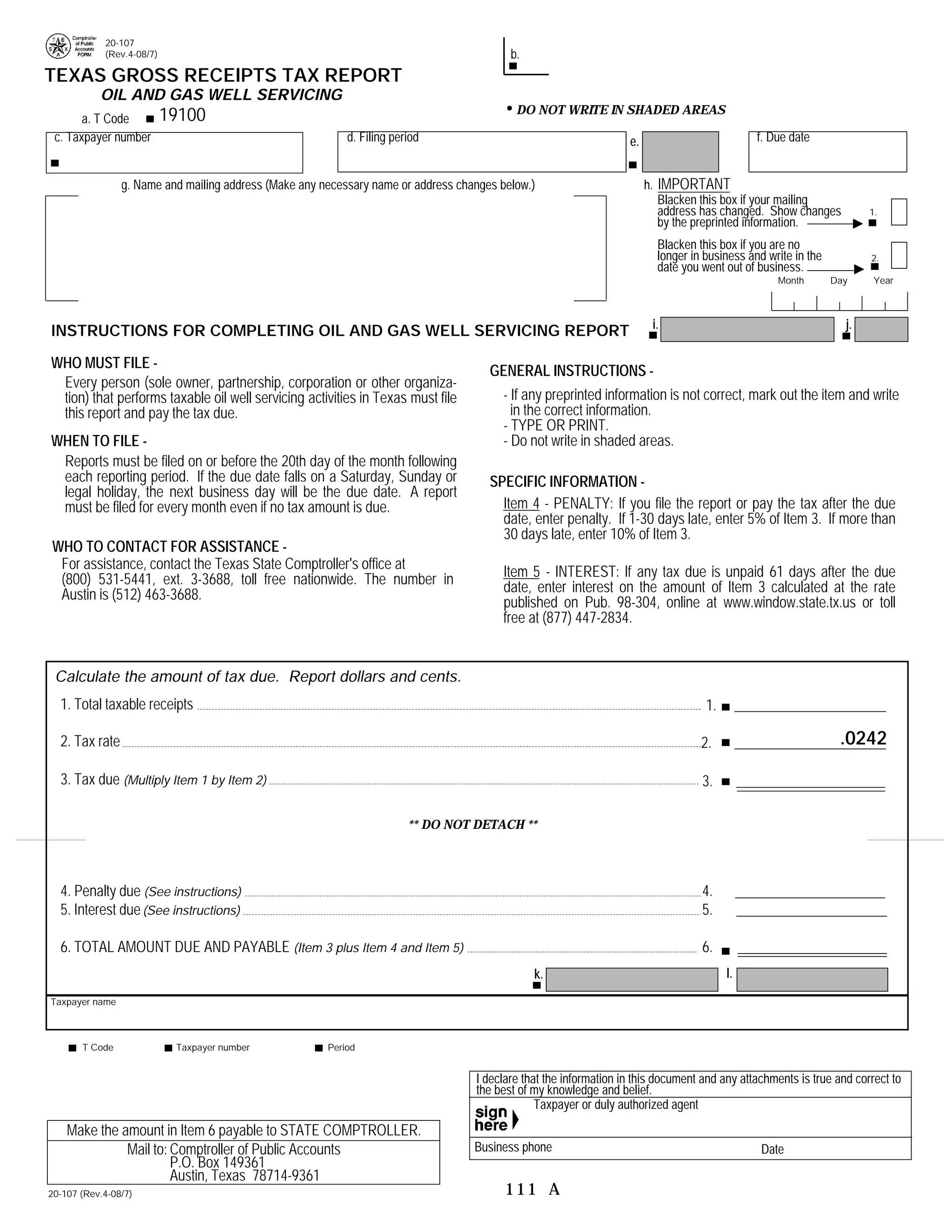 Miscellaneous Texas Tax Forms-20-107 Texas Gross Receipts Tax Report ...