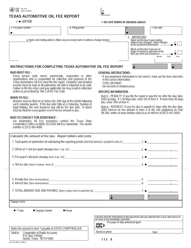 Miscellaneous Texas Tax Forms-66-103 Texas Automotive Oil Fee Report= | PDF