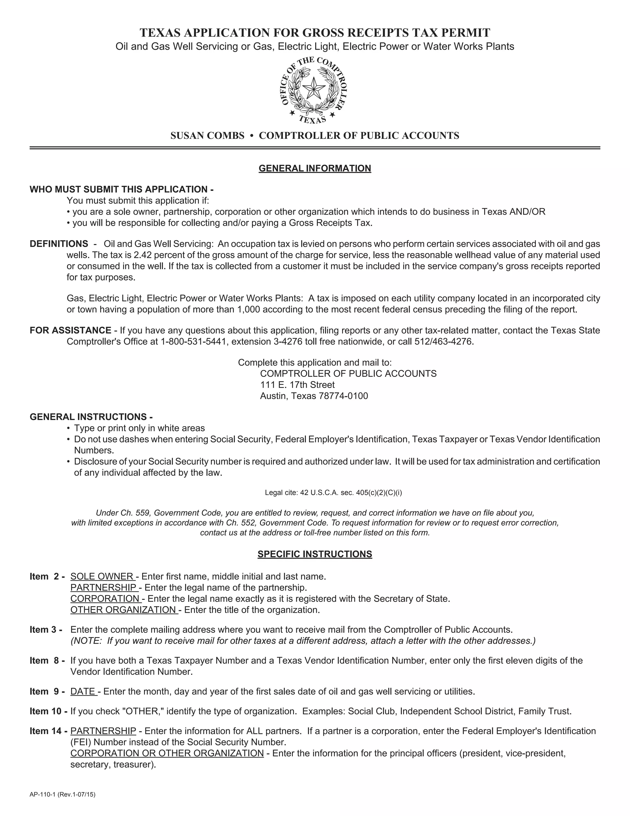 Miscellaneous Texas Tax Forms-AP-110 Texas Application for Gross ...