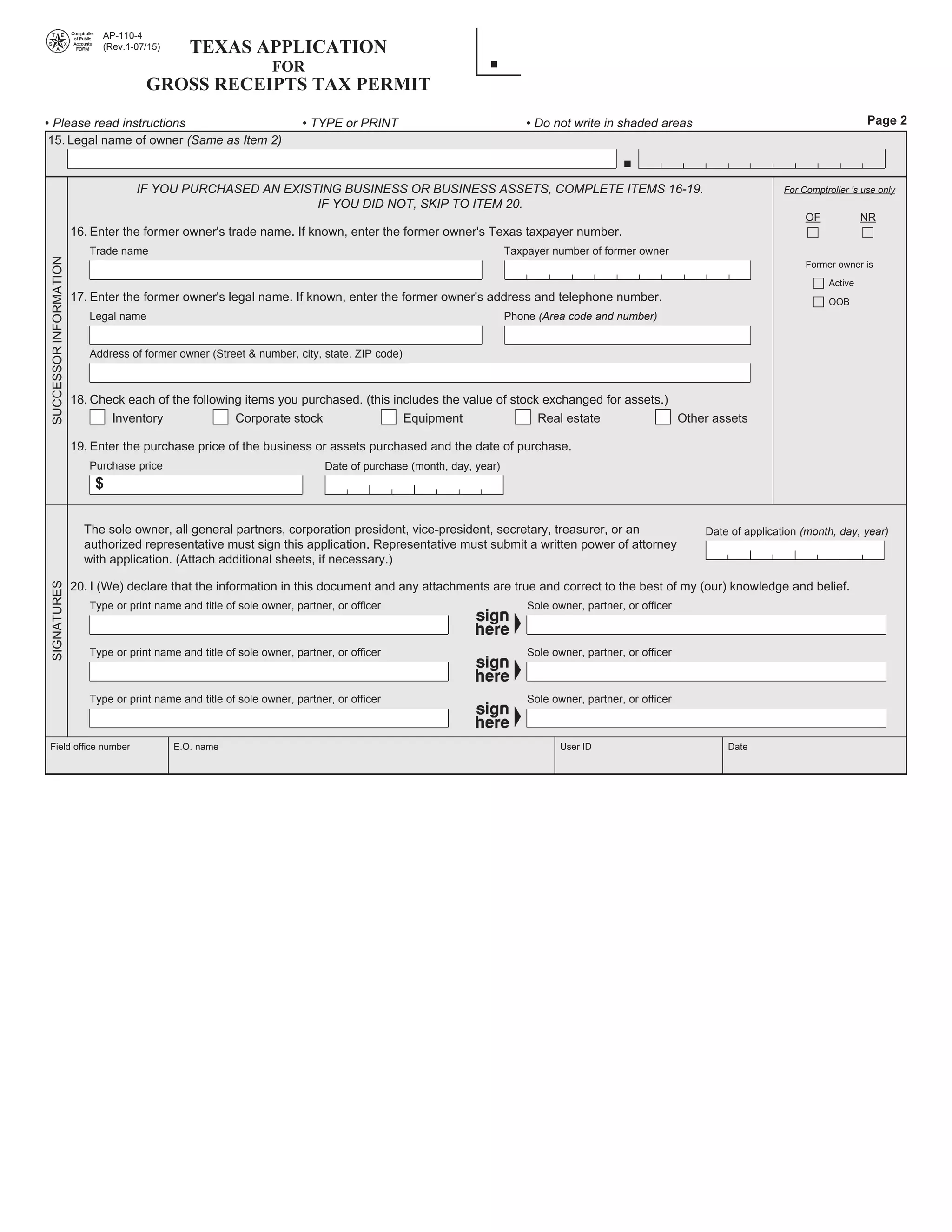 Miscellaneous Texas Tax Forms-AP-110 Texas Application for Gross ...