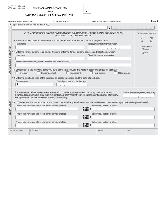 Miscellaneous Texas Tax Forms-AP-110 Texas Application for Gross ...