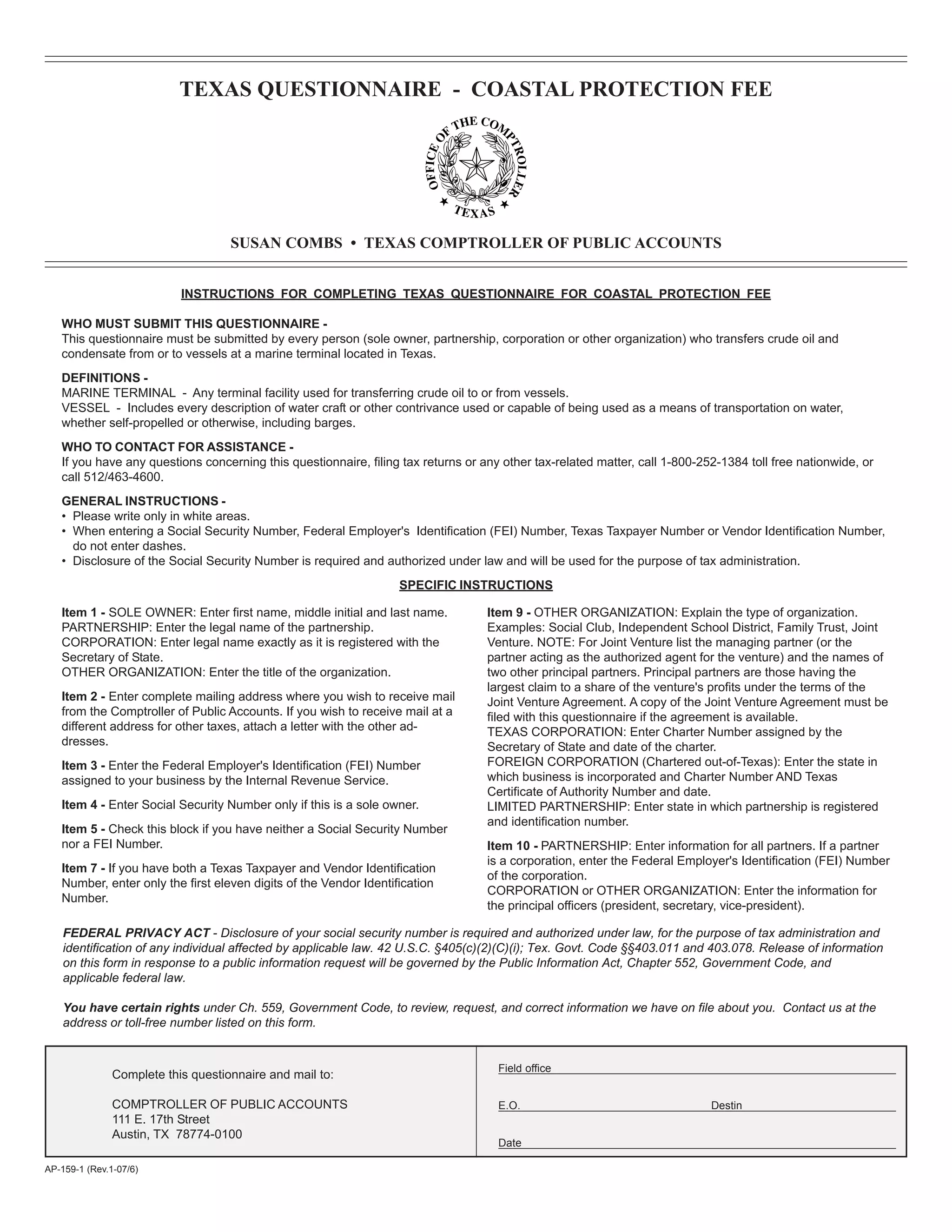 Miscellaneous Texas Tax Forms-AP-159 Texas Questionnaire for Coastal ...