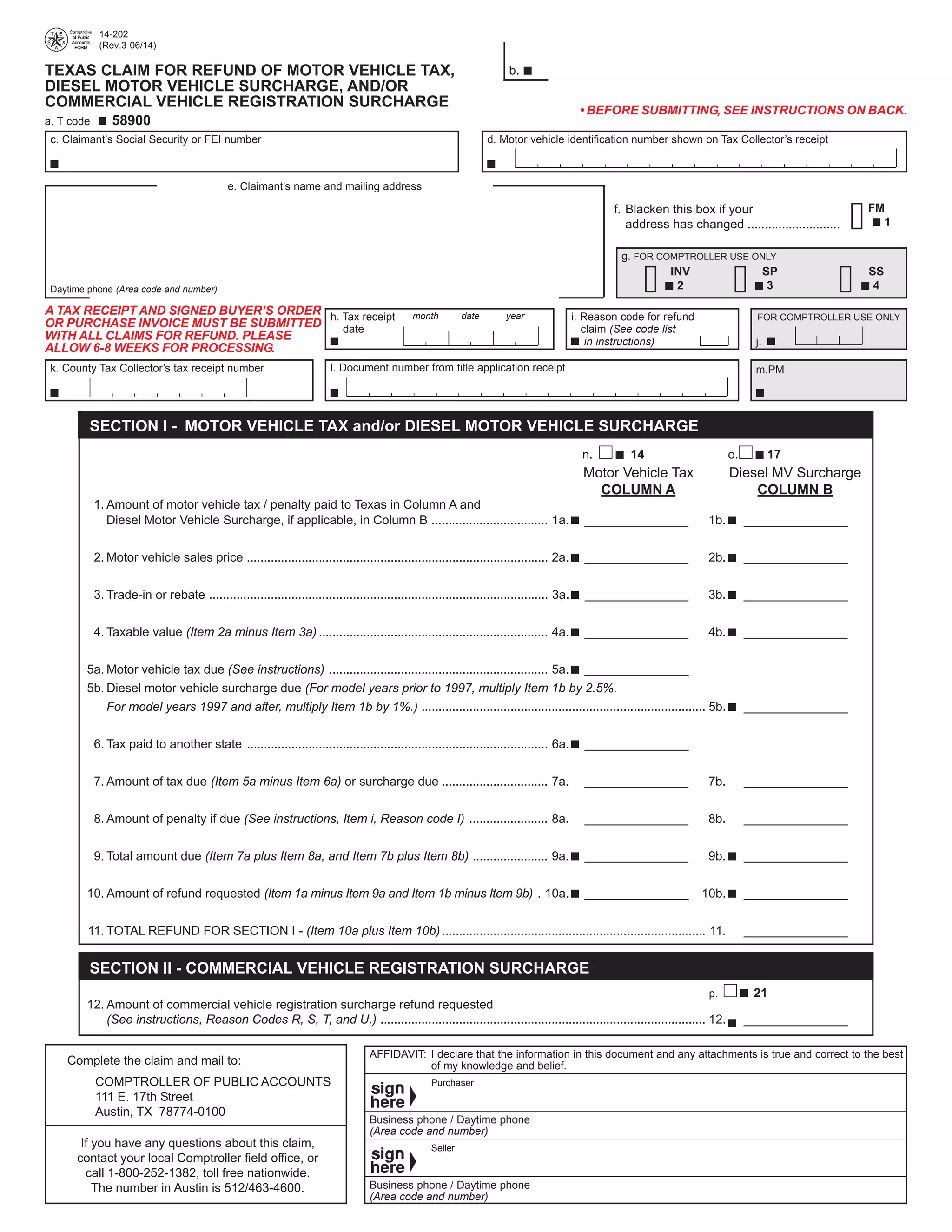Texas Tax Refund Forms-Motor Vehicle Sales & Use Tax-14-202 Texas Claim ...