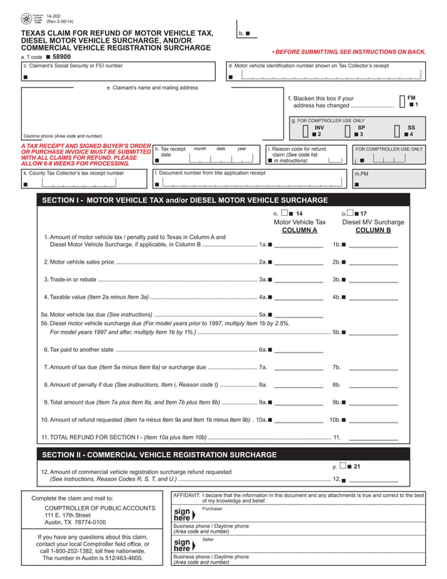 Texas Tax Refund Forms-Motor Vehicle Sales & Use Tax-14-202 Texas Claim ...